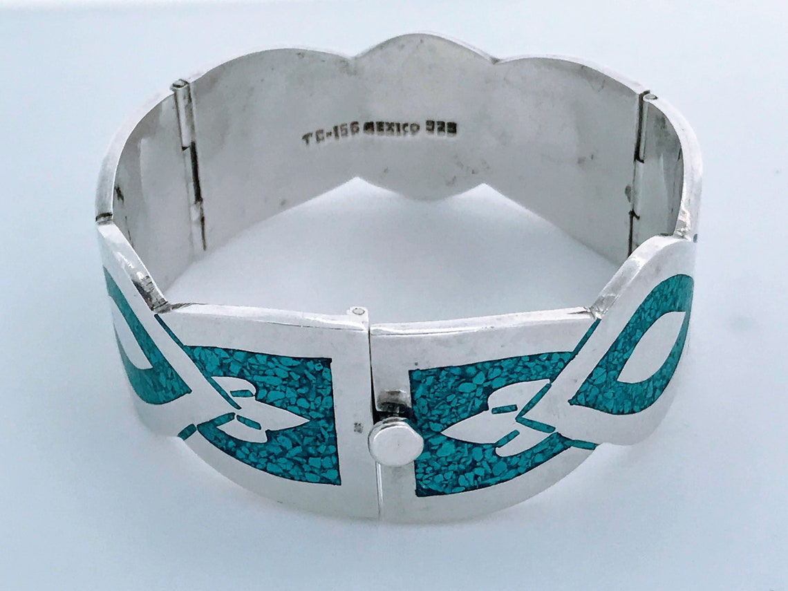 Vintage Taxco Sterling Silver Turquoise Inlay Bangle Bracelet - Etsy