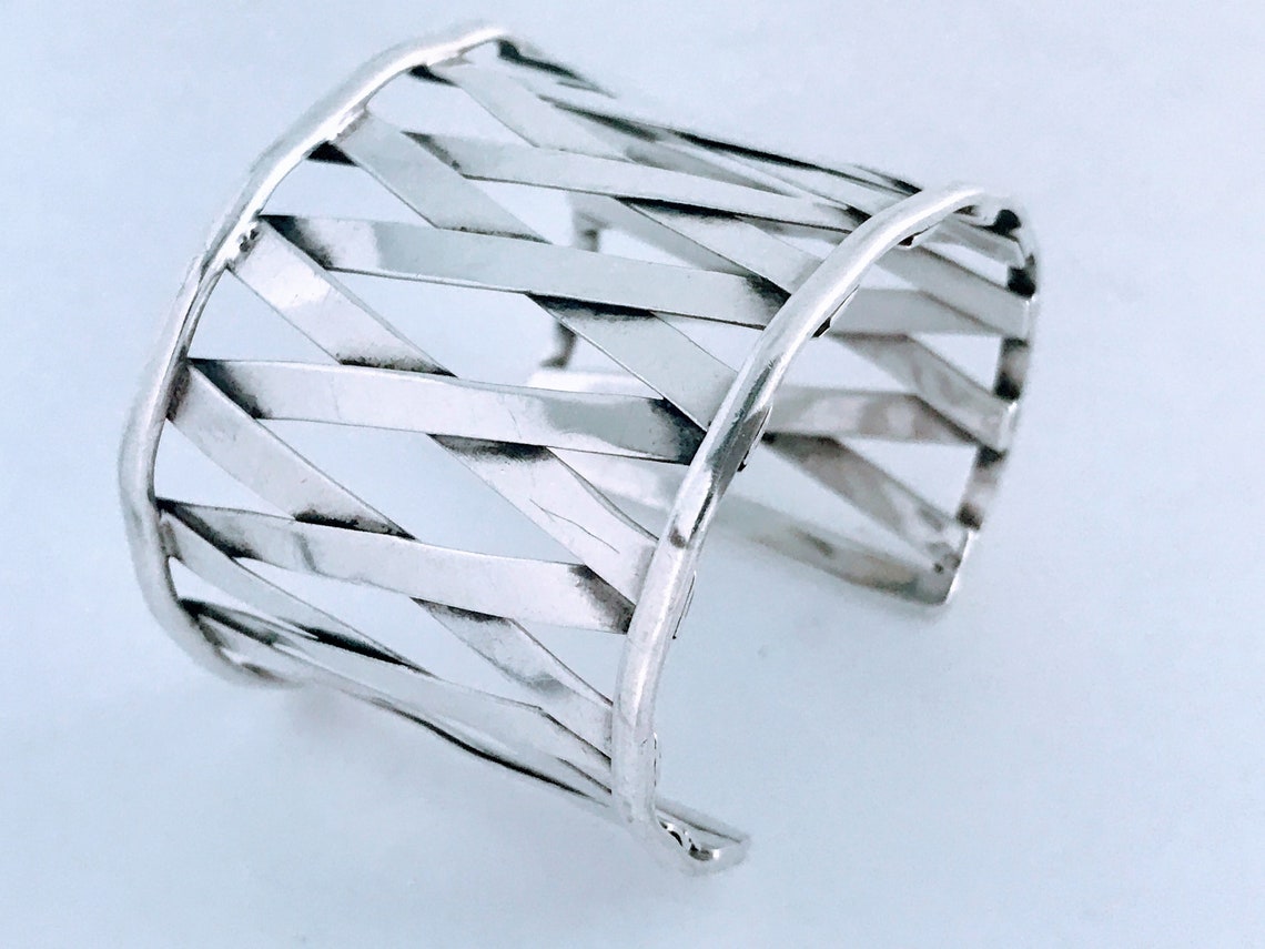 Retro Modern Style Wide Open Work Cuff Bracelet in 925 Sterling Silver ...