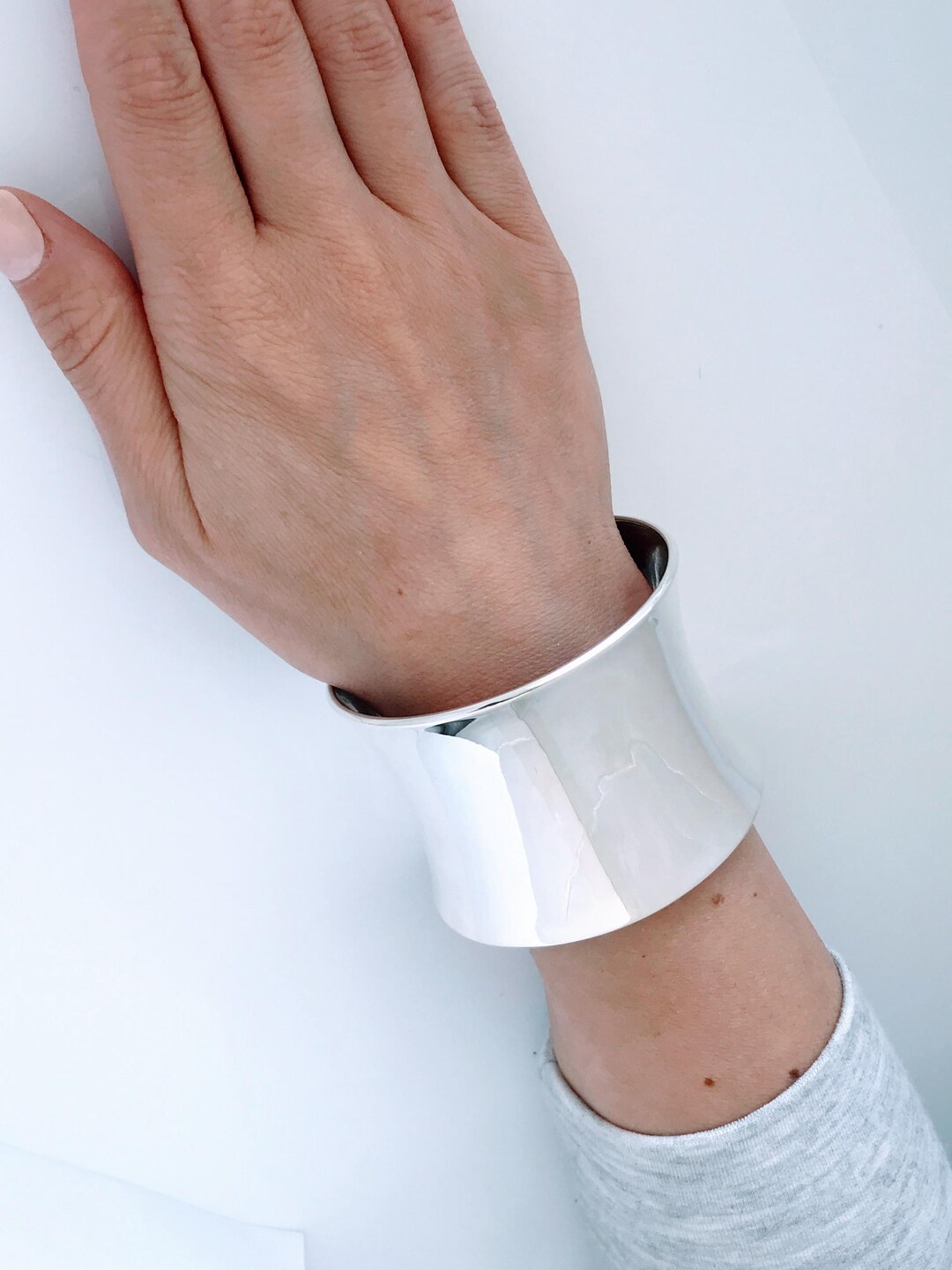 Retro Extra Wide Concave Smooth 925 Sterling Silver Cuff Bracelet ...