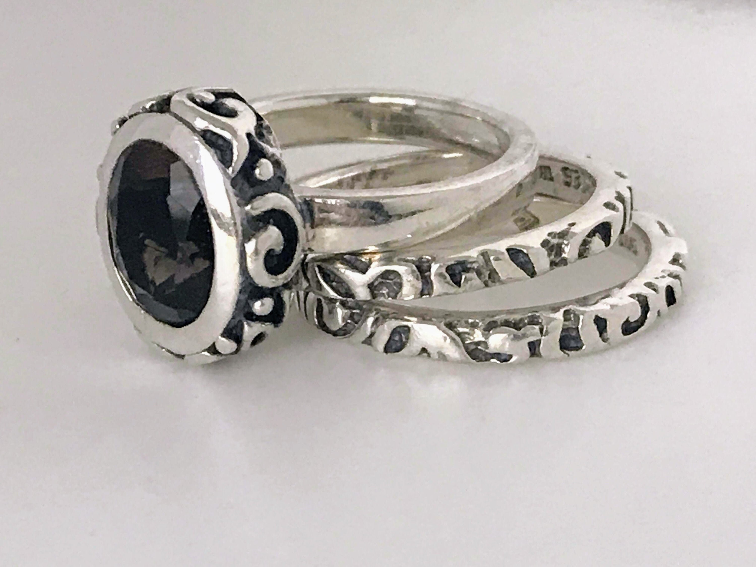 Retired Silpada Sterling Silver Smoky Quartz Scrolled Filigree Stacking Band Ring Set 3 Artisan Oxidized Sterling Silver Stack Set R1384 Etsy