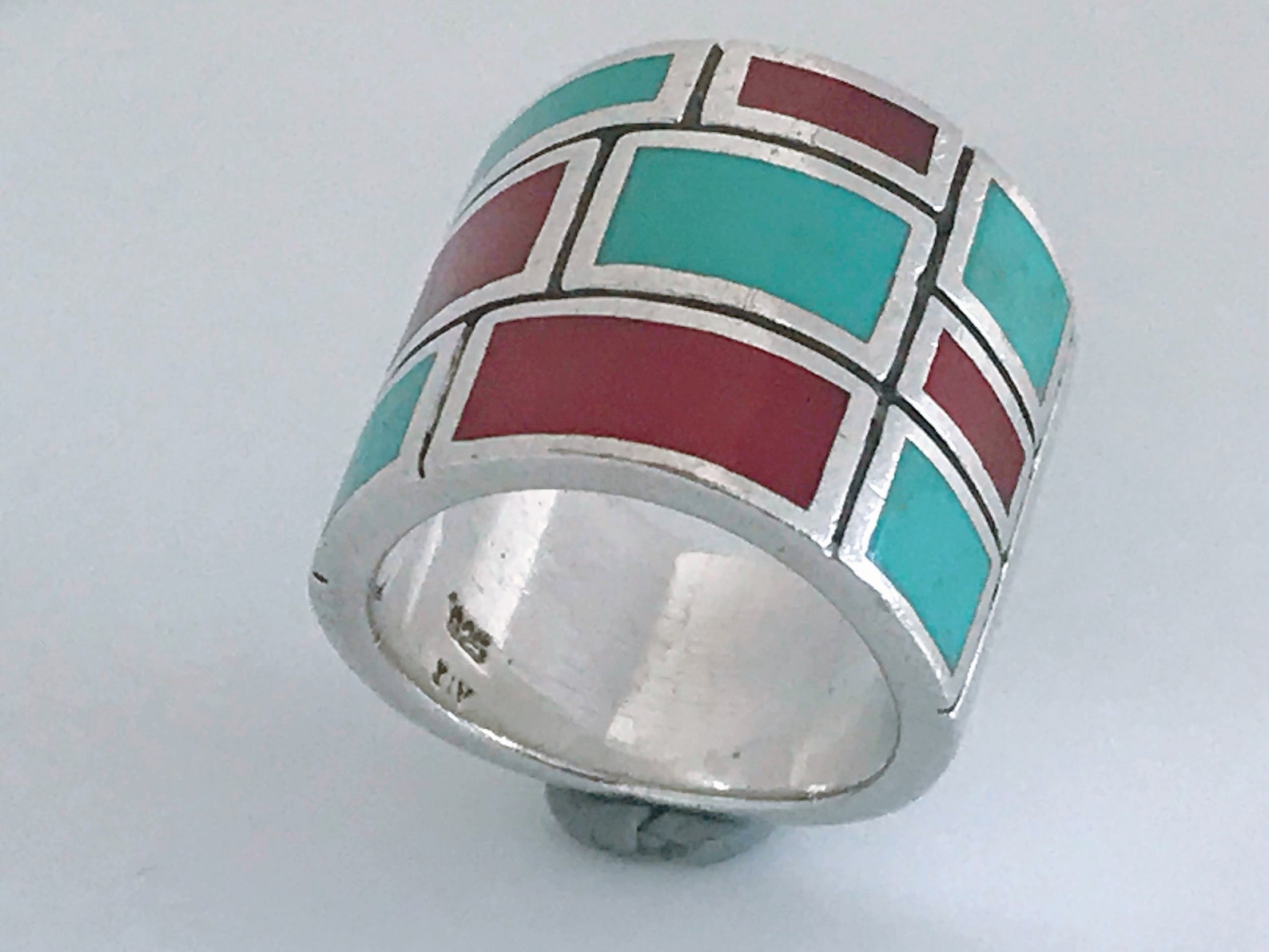 VTG Sterling Silver Multi Stone Inlay Ring Band Wide | Etsy