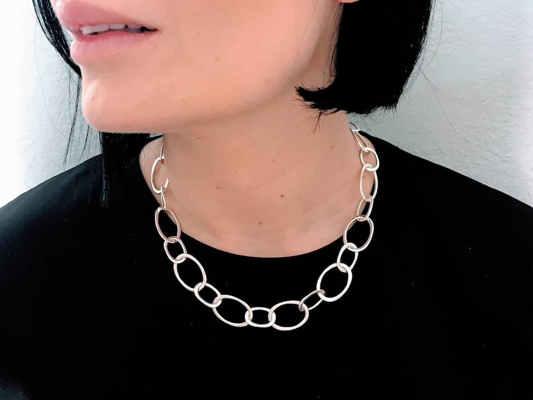 Retro Modern Sterling Silver Flat Oval Chain Link Toggle Necklace ...