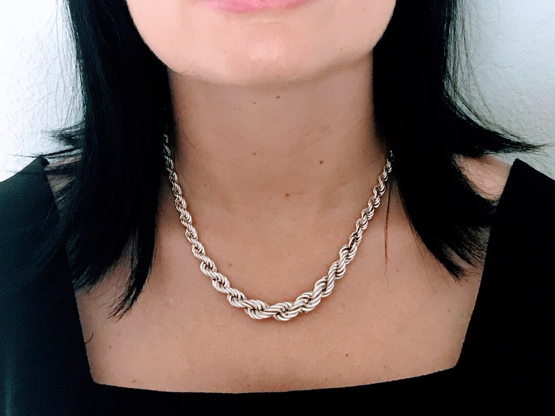 Chunky Sterling Silver Graduated Rope Chain Necklace 18", Modernist 925 ...