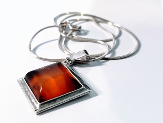 Vintage Sterling Silver Amber Pendant Necklace Chain Amber | Etsy