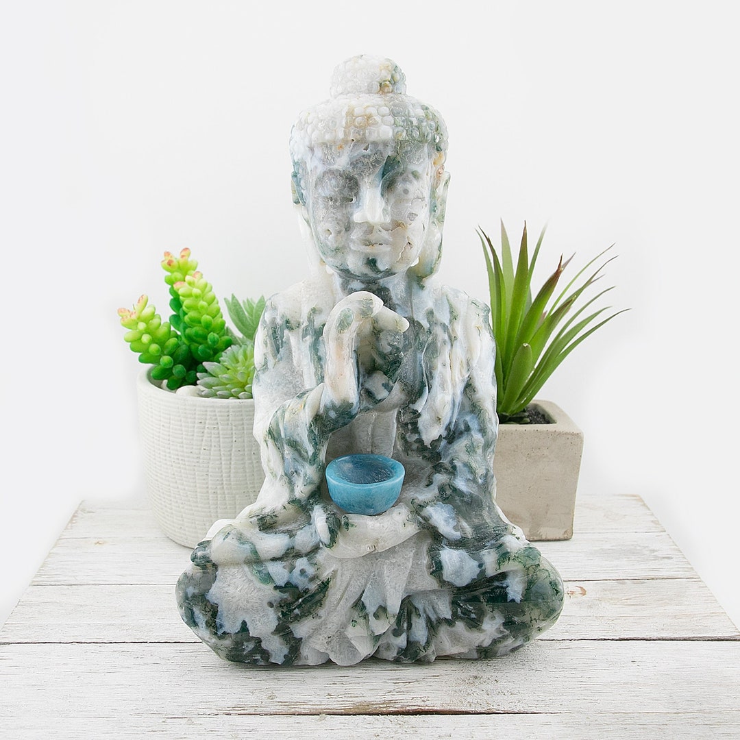 Large Moss Agate Buddha Carving, Natural Green Sugar Druzy Siddhartha ...