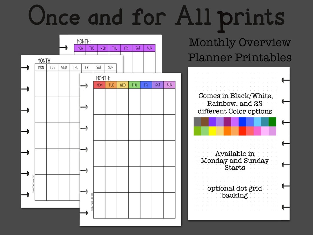 Monthly Overview Color Month at a Glance Dot Grid Filler Paper Fits ...