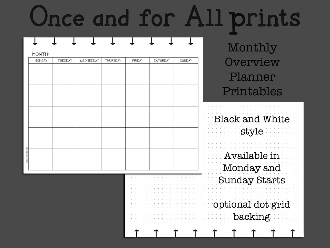 Monthly Overview Landscape Planner Insert PDF Month at a Glance Fits ...