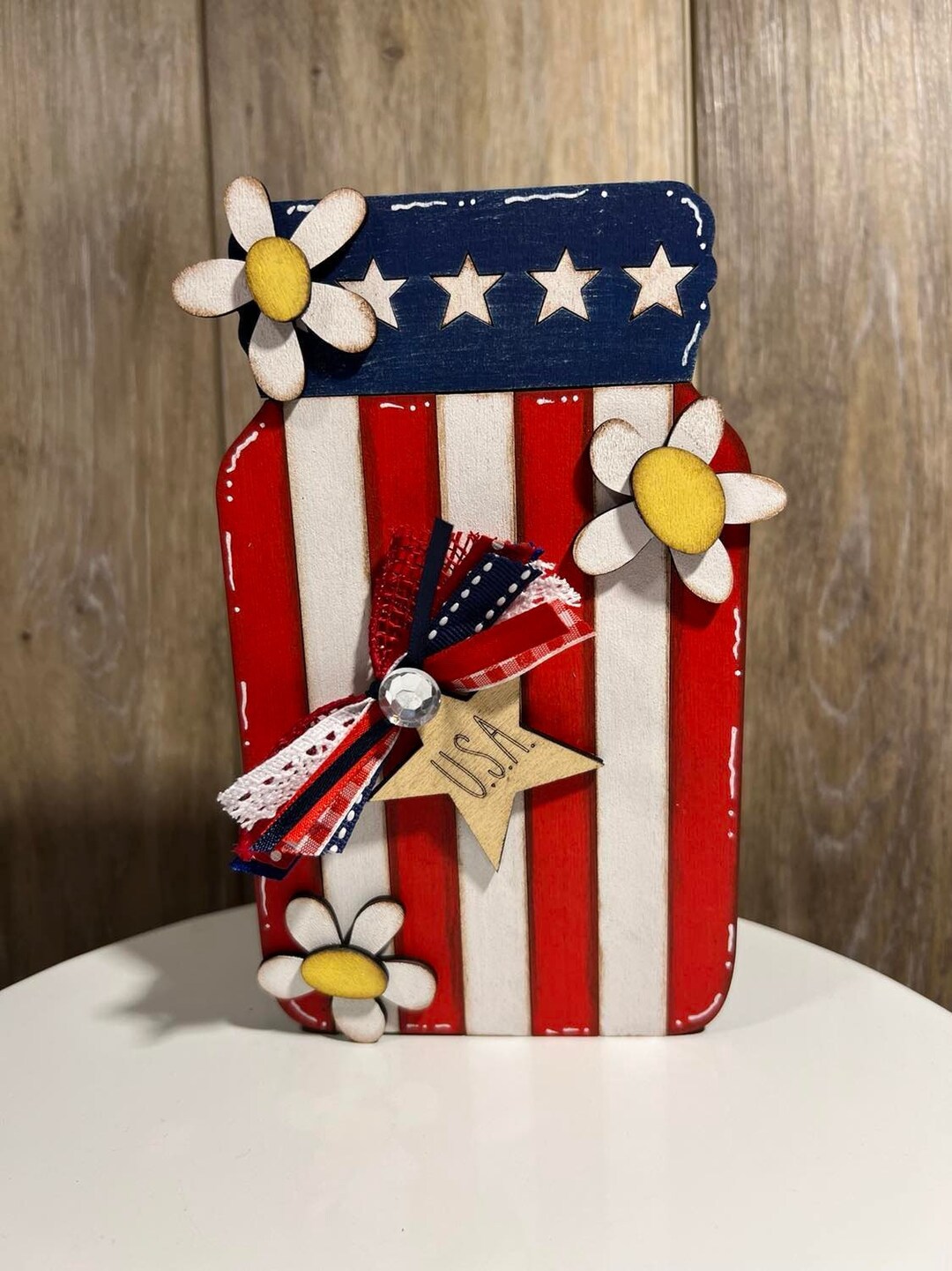 DIY Chunky Patriotic Mason Jar Shelf Sitter, Patriotic Mason Jar Wood ...