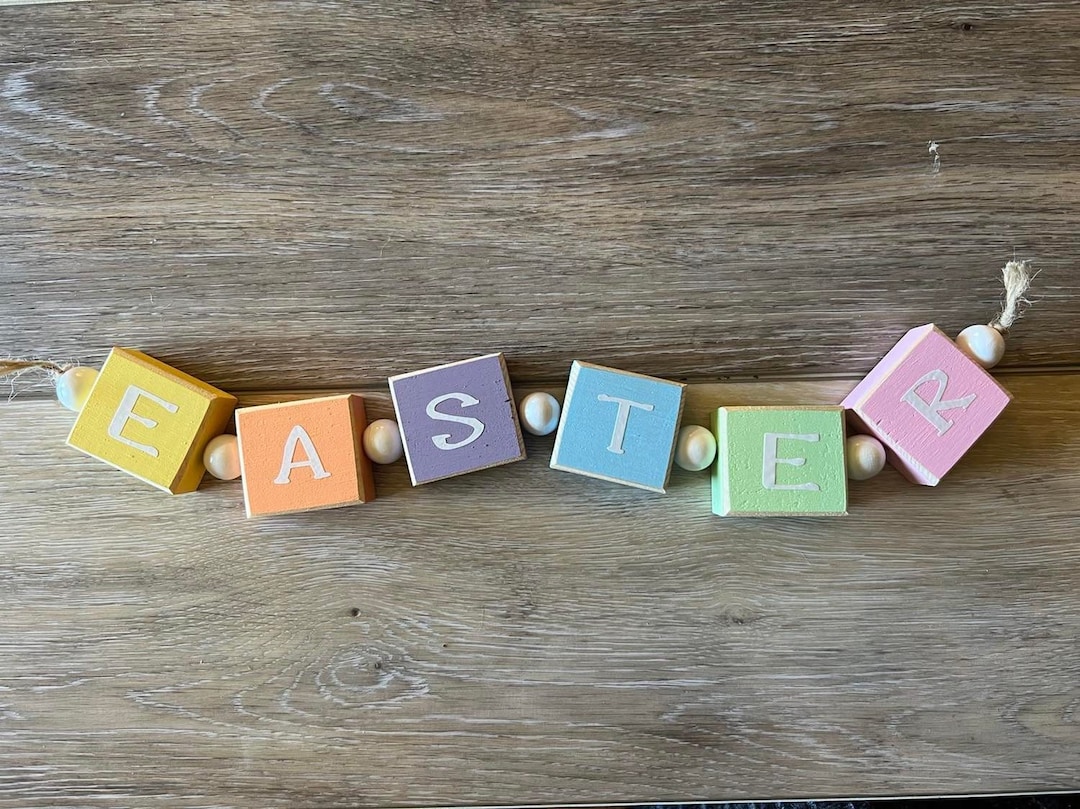 Easter Wood Block Garland, Easter Tiered Tray Decor, Easter Wood Blocks ...