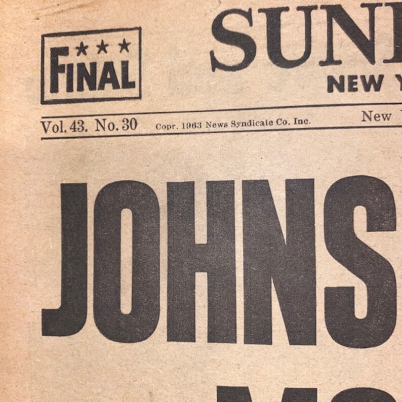 President Kennedy Assassination Vintage Sunday News johnson Leads ...