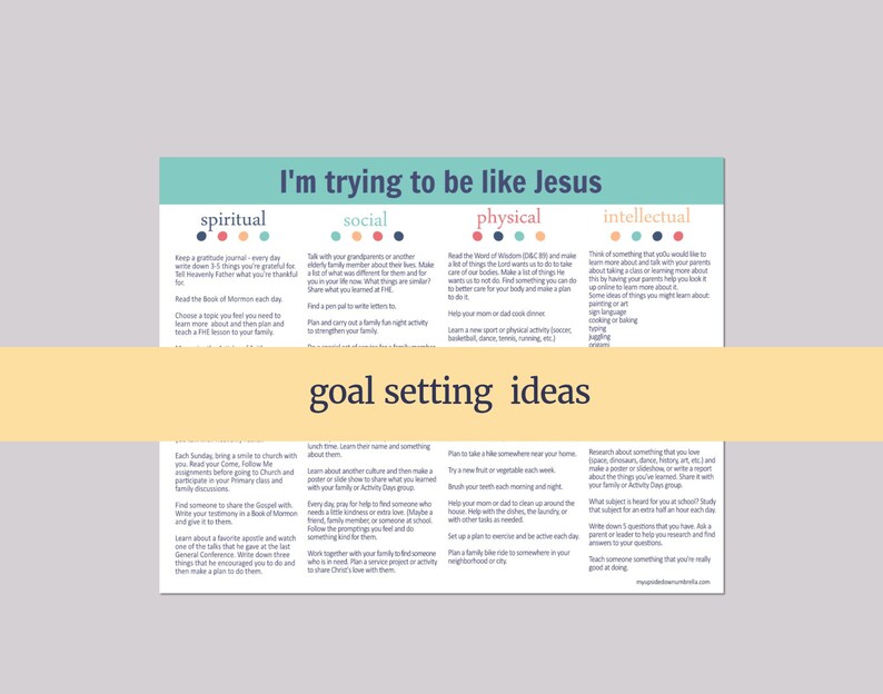 PRIMARY Goal Setting Kit for LDS Children and Youth Program Primary Goal Ideas for Primary ...