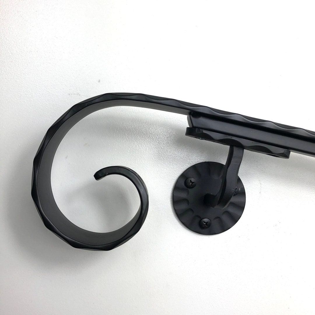 Wrought Iron Style Handrail With Scroll Ends, Hammered Iron Wall Mount ...