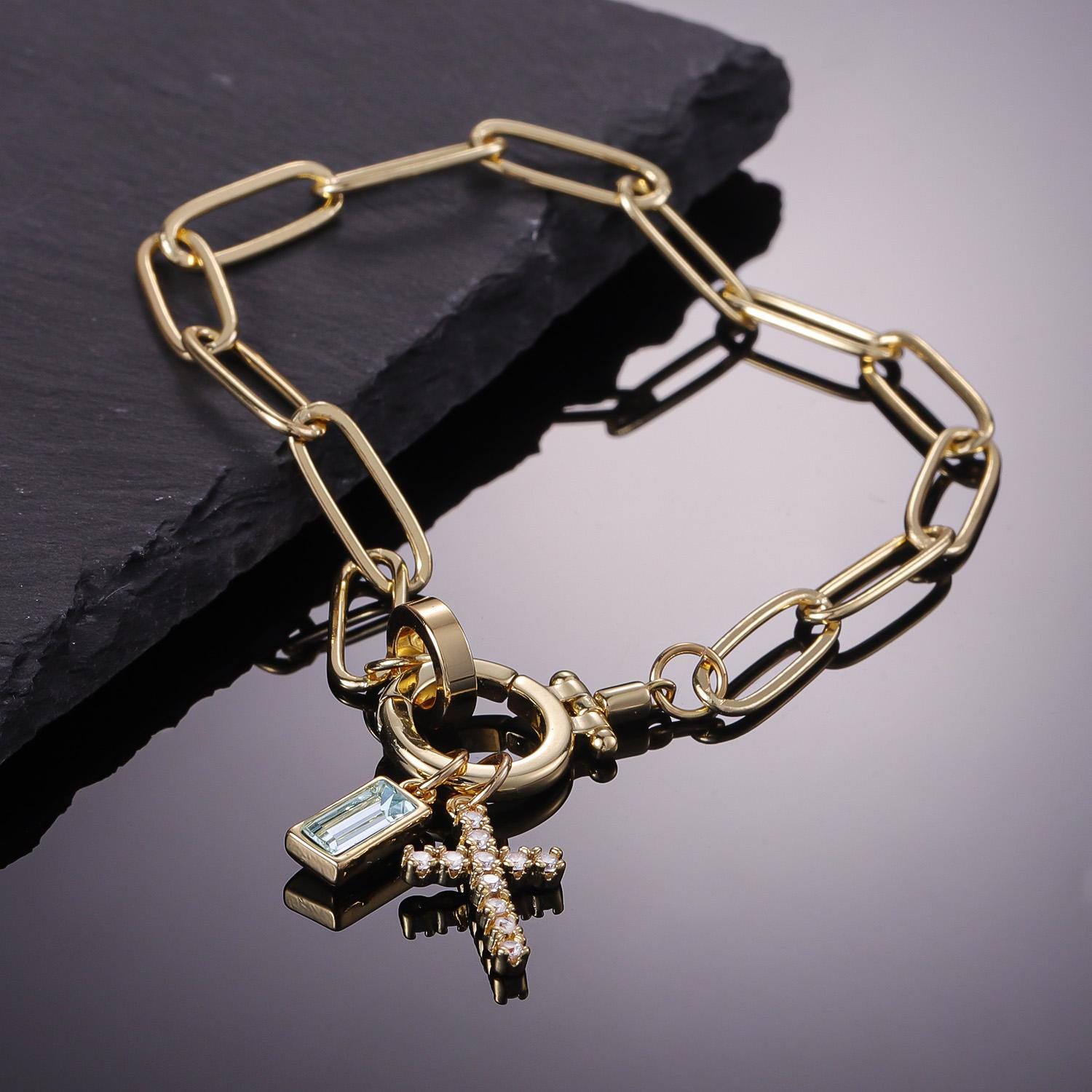 Customized Birthstone Cross Paperclip Bracelet,custom Birthstone Letter ...