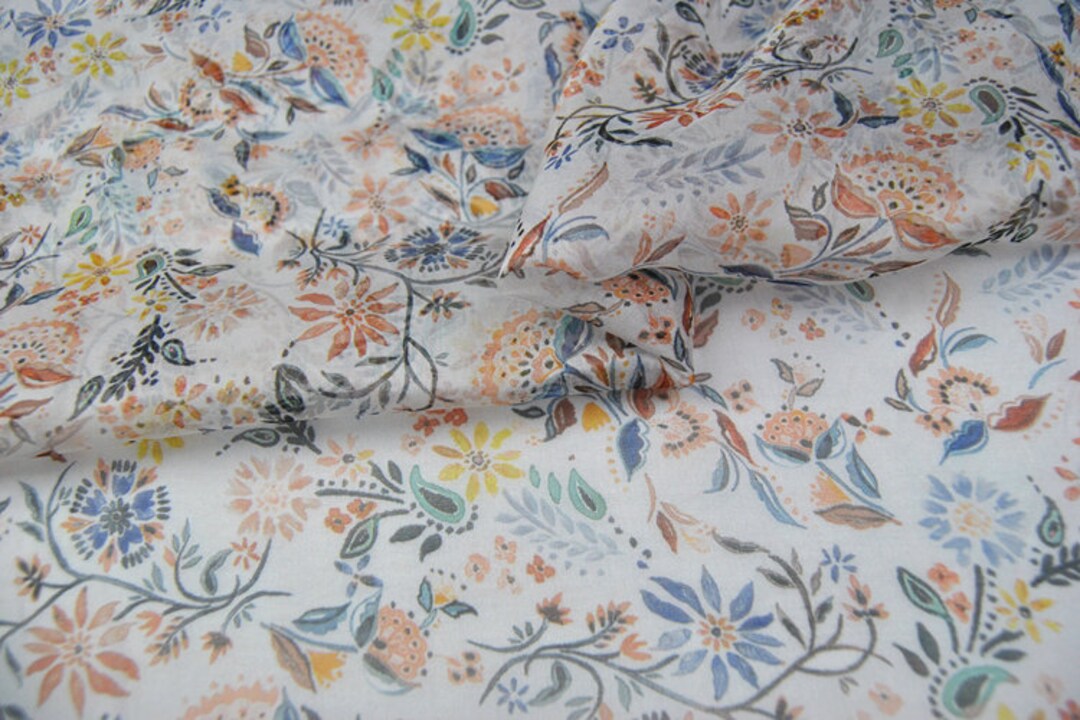 100% Silk Chiffon Fabric With Broken Flowers on White Background ,width ...