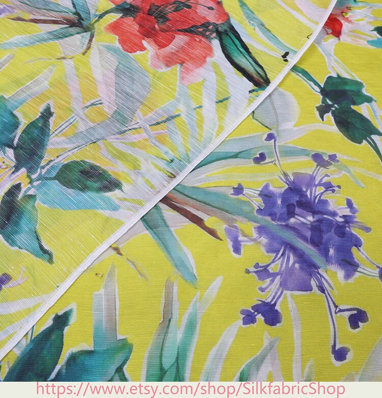 Flower Print Silk Linen Fabric Silk Yello Fabric ， Width 55 Inch - Etsy