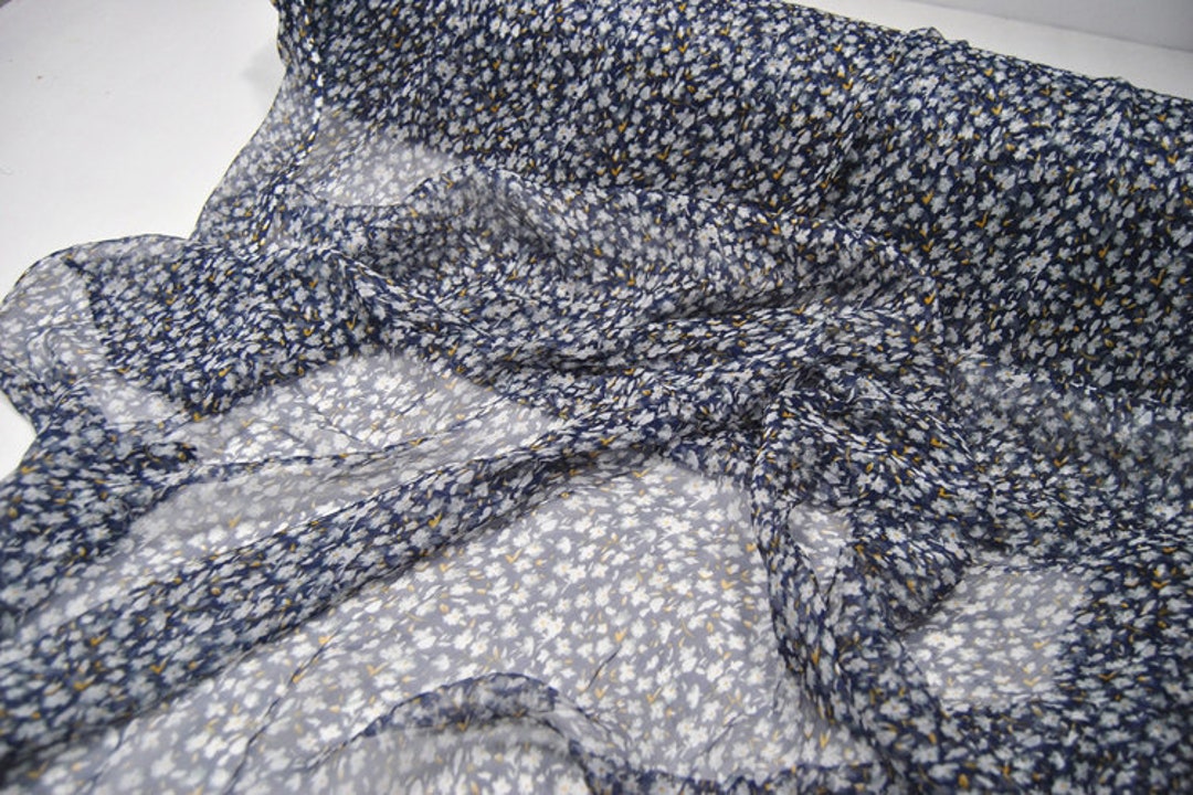 Small Broken Floral Print Silk Georgette Tibetan Cyan Fabric ，width 53 ...