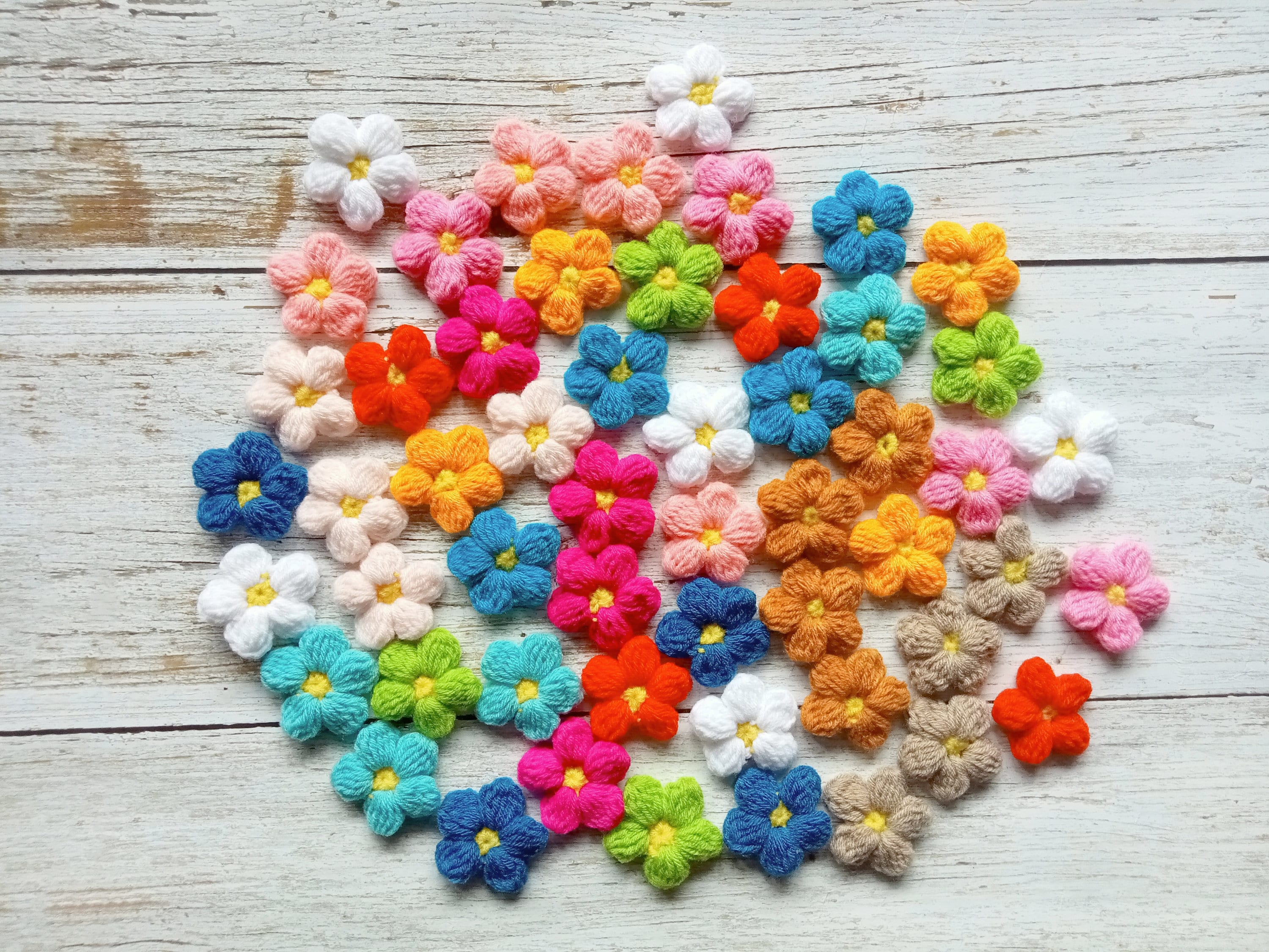 50 Pieces Crochet Puff Flowers Mixed Colorshandmade Crochet Flowers ...