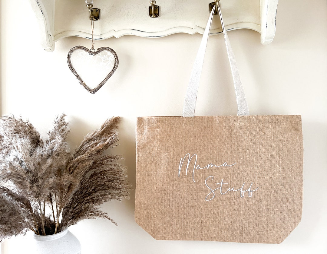 Mama Stuff, Bride Stuff, Teacher Stuff, Jute Tote Bag, Beach Bag ...