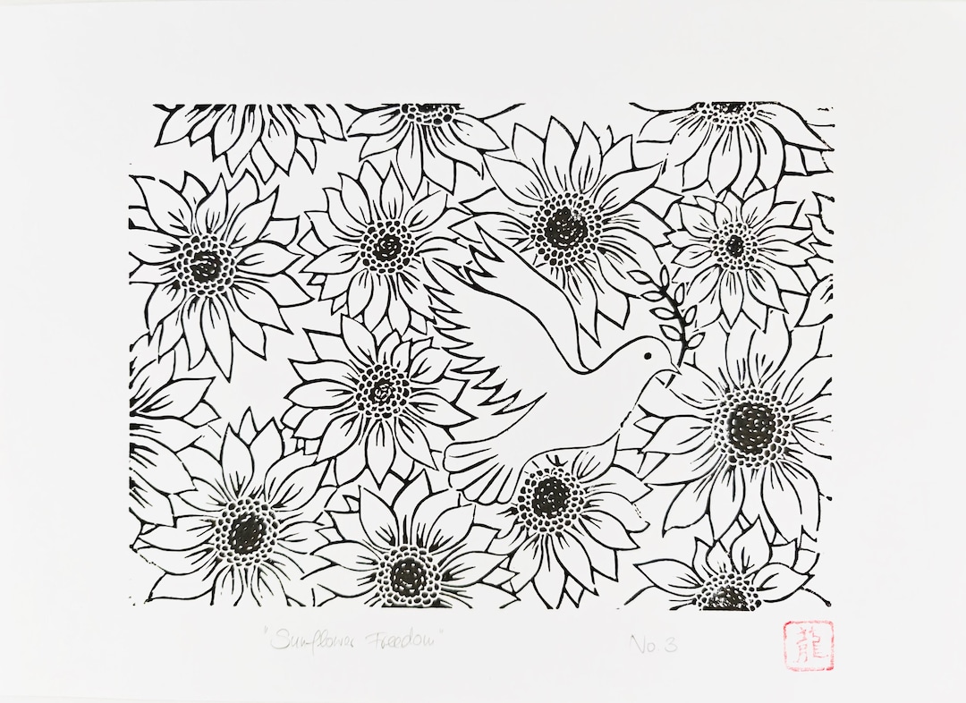 Linocut Print "sunflower Freedom" - Help Ukraine - Etsy