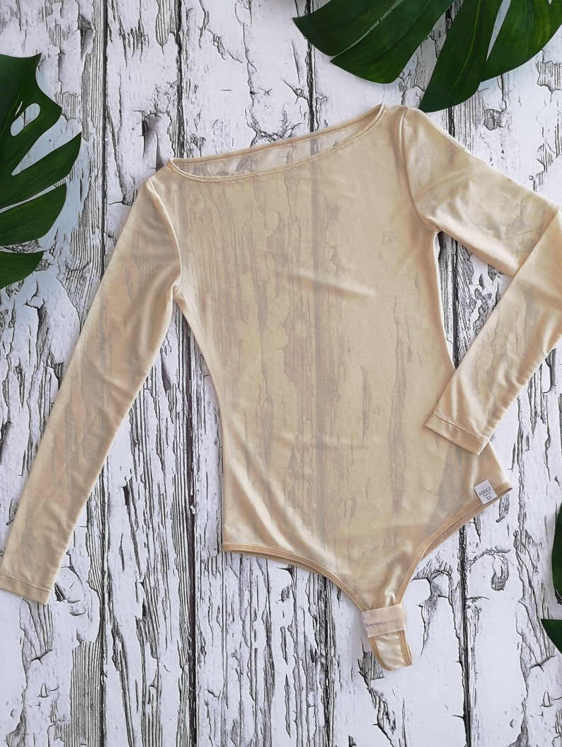 Mesh Long Sleeve Beige Mesh Bodysuit Long Sleeves Beige Stretchy