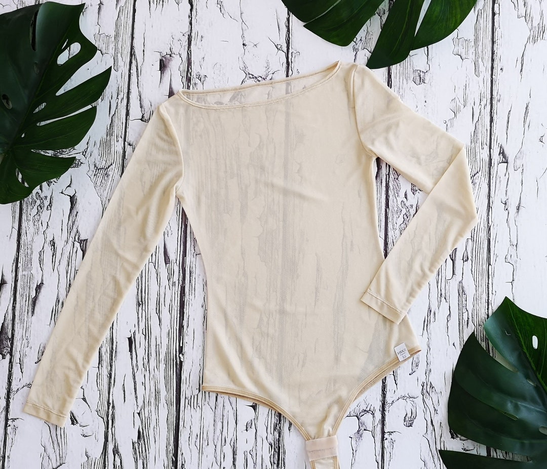 Mesh Long Sleeve, Beige Mesh Bodysuit, Long Sleeves, Beige Stretchy ...