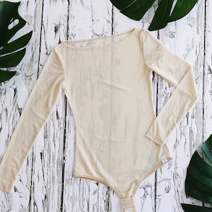 Mesh Long Sleeve, Beige Mesh Bodysuit, Long Sleeves, Beige Stretchy ...