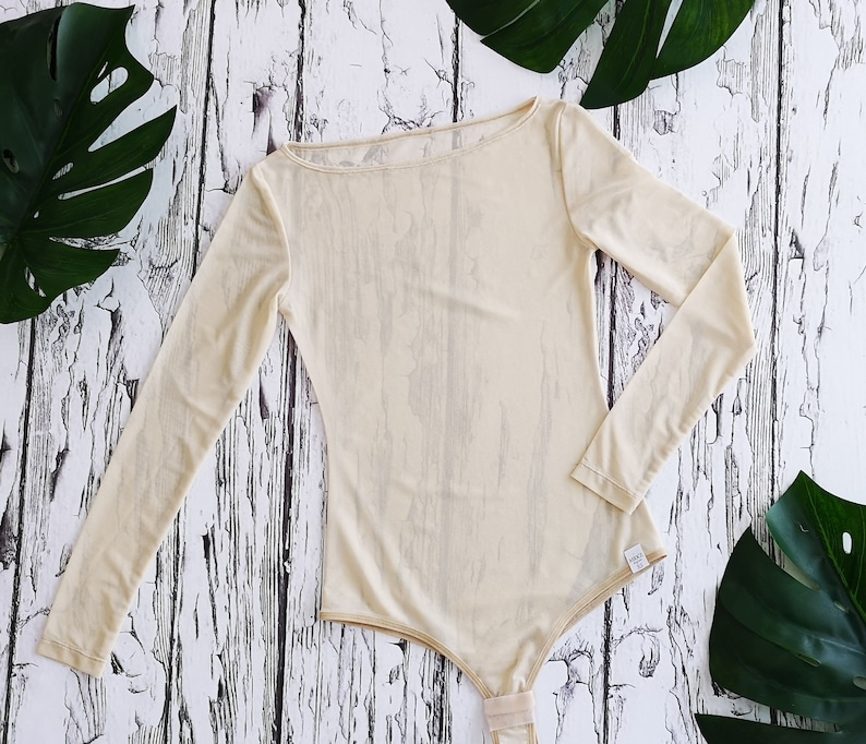 Mesh Long Sleeve, Beige Mesh Bodysuit, Long Sleeves, Beige Stretchy ...