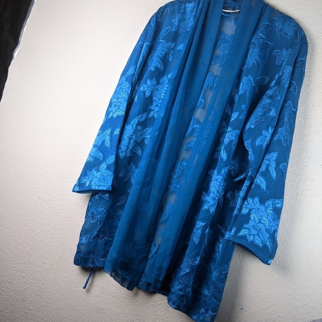 Victoria's Secret Sheer Short Kimono Robe Gold Label Floral Turquoise ...