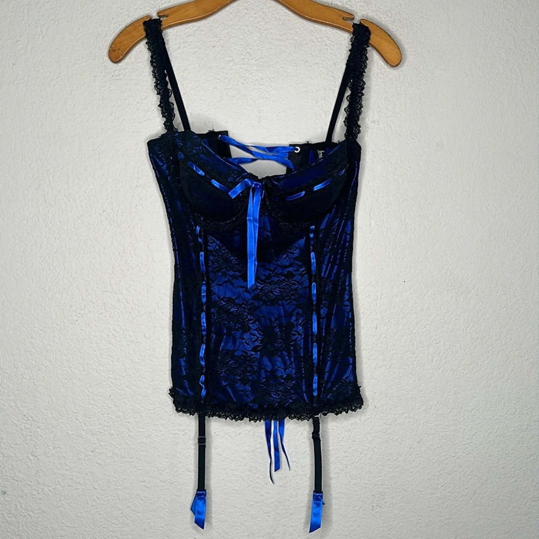 VTG Fredericks of Hollywood Lace Corset Bustier NWOT Blue Black ...