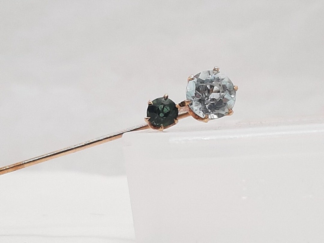 10K Yellow Gold Aquamarine Emerald Stick Pin Auqamarine Emerald Hat Pin ...