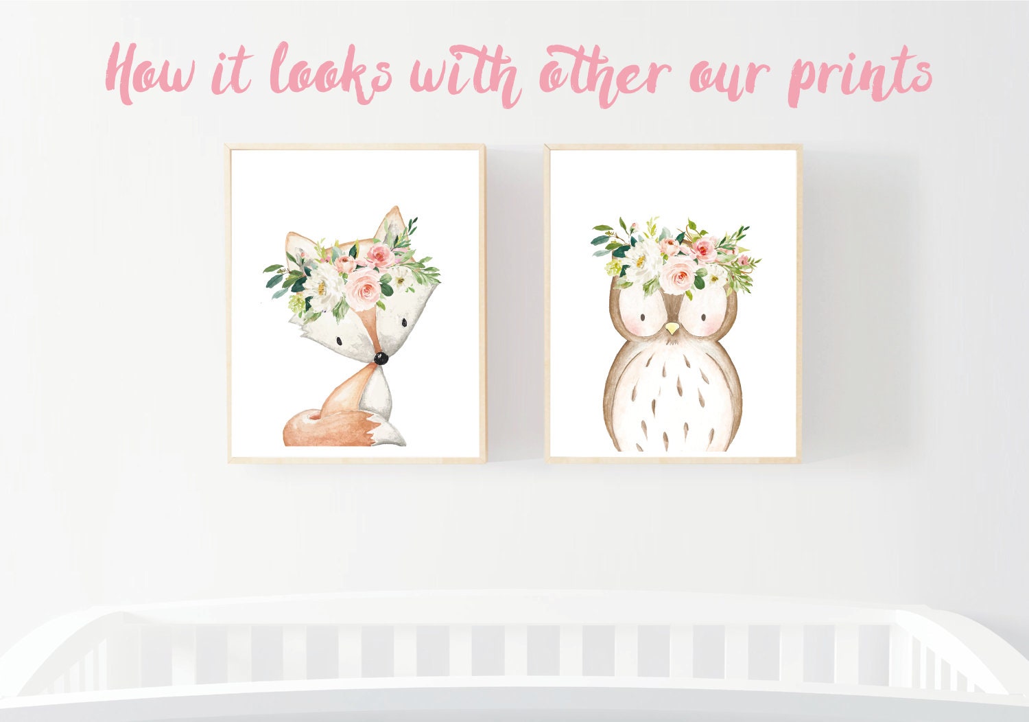 Owl Floral Nursery Boho Wall Art Woodland Watercolor Print Pink Flowers ...