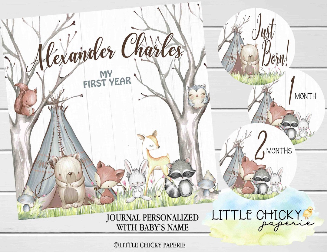 Woodland Animals Baby Keepsake Journal With Monthly Milestone Stickers ...