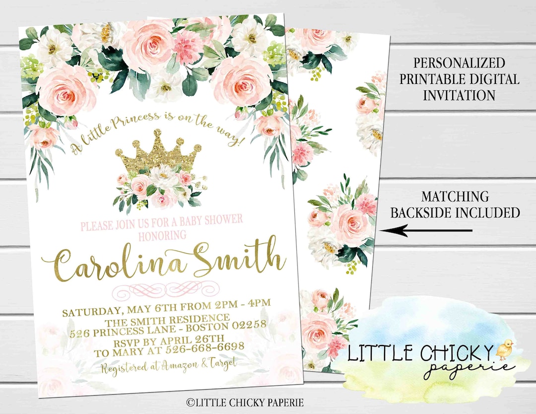 Crown Princess Baby Shower Invitation, Blush Pink and Gold Floral ...