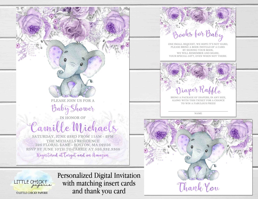 Purple Elephant Baby Shower Invitation Set With Thank You Card, Diaper ...