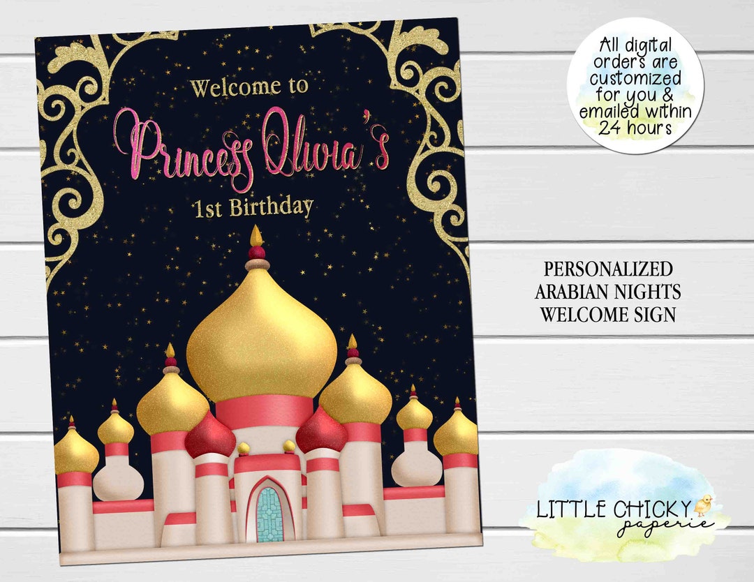 Arabian Nights Birthday Welcome Sign, DIGITAL Pink and Gold Arabian ...