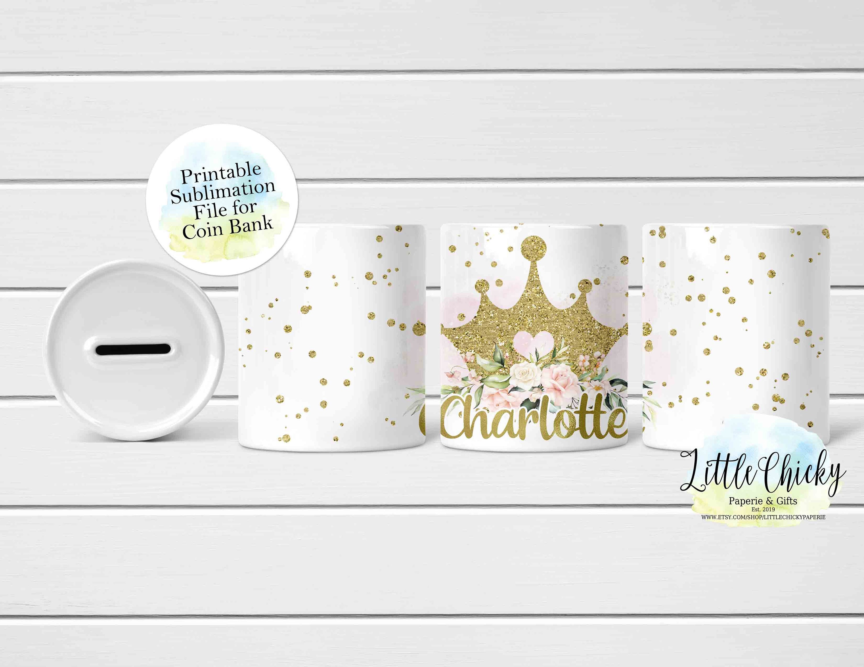 Pink & Gold Princess Money Box, Coin Bank Full Wrap Sublimation Design ...