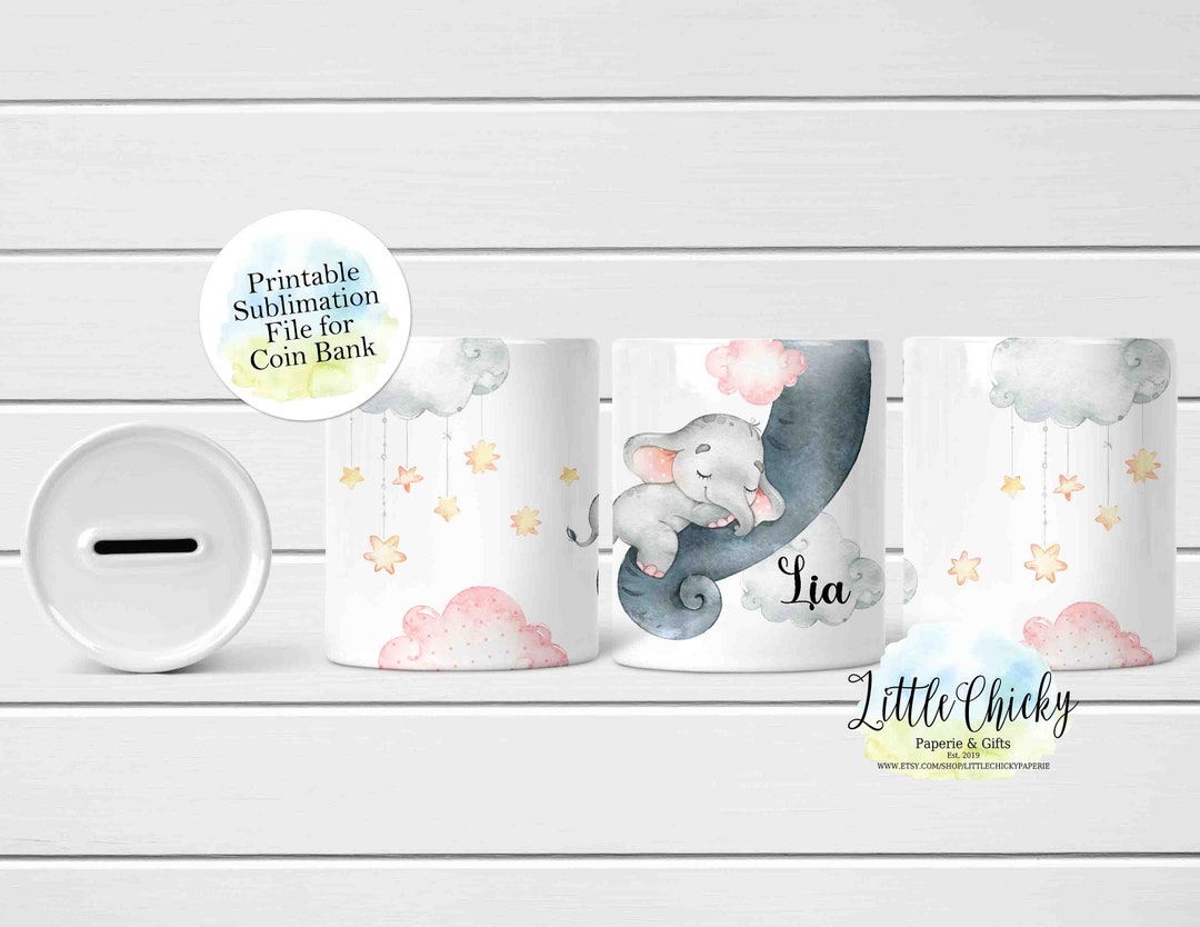 Pink Elephant Baby Money Box, Coin Bank Full Wrap Sublimation Design ...