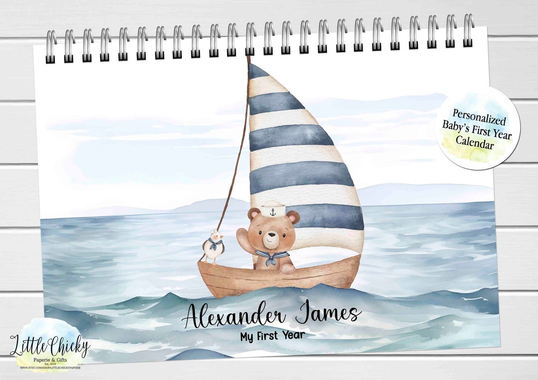 Nautical Teddy Bear First Year Calendar With Milestone Stickers, First ...