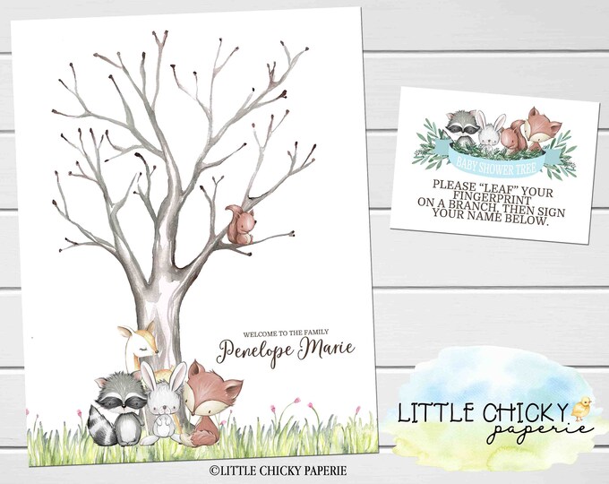 Forest Animals Fingerprint Tree Sign, Baby Shower, Thumbprint Sign ...