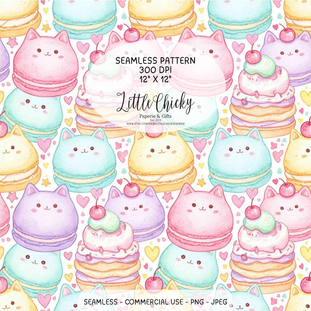Cute Kawaii Cat Macarons Seamless Pattern, Repeat Pattern, Sublimation ...