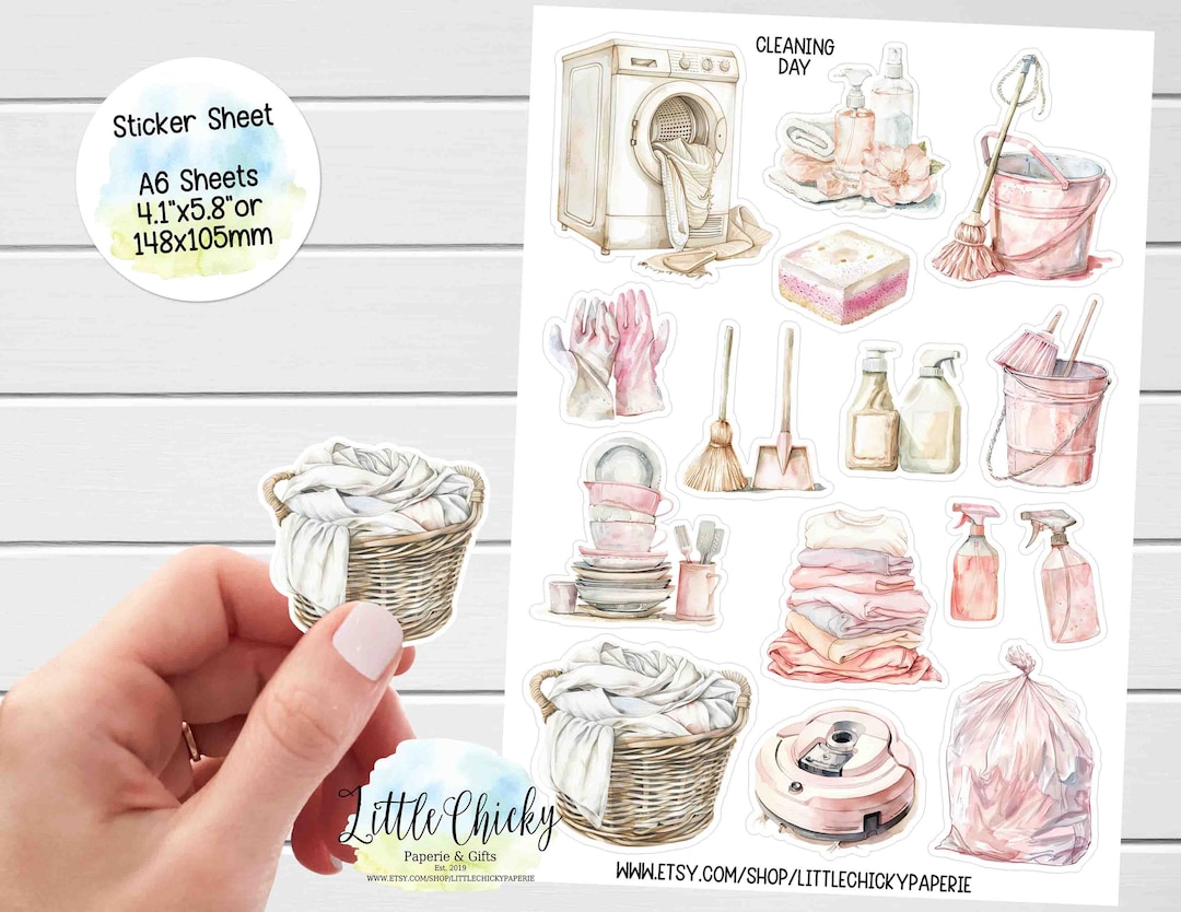 Sticker Sheet - Watercolor Cleaning Day Stickers, Cleaning Planner ...