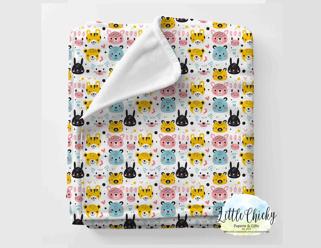 Cute Animal Faces Blanket, Kawaii Kids Blanket, Soft Minky Blanket ...