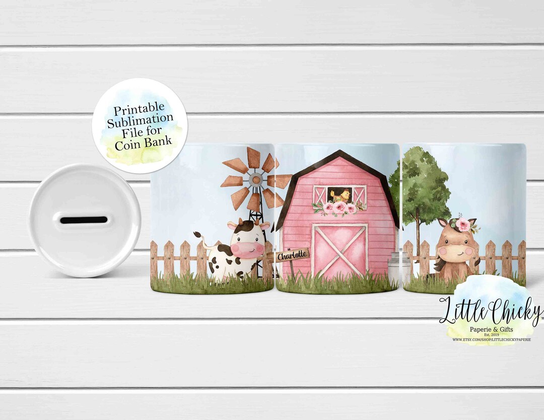 Pink Farm Animals Money Box, Coin Bank Full Wrap Sublimation Design ...