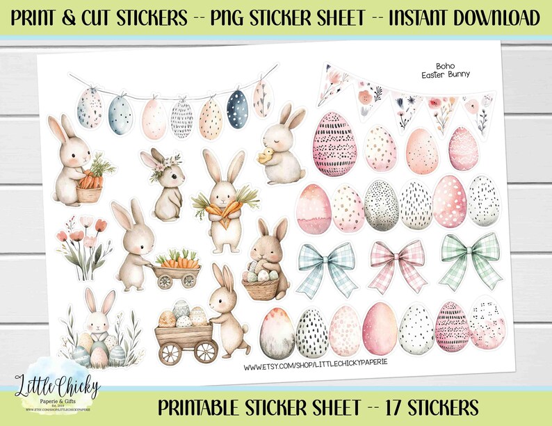 Printable Stickers - Boho Easter Bunny PNG Stickers, Print and Cut ...