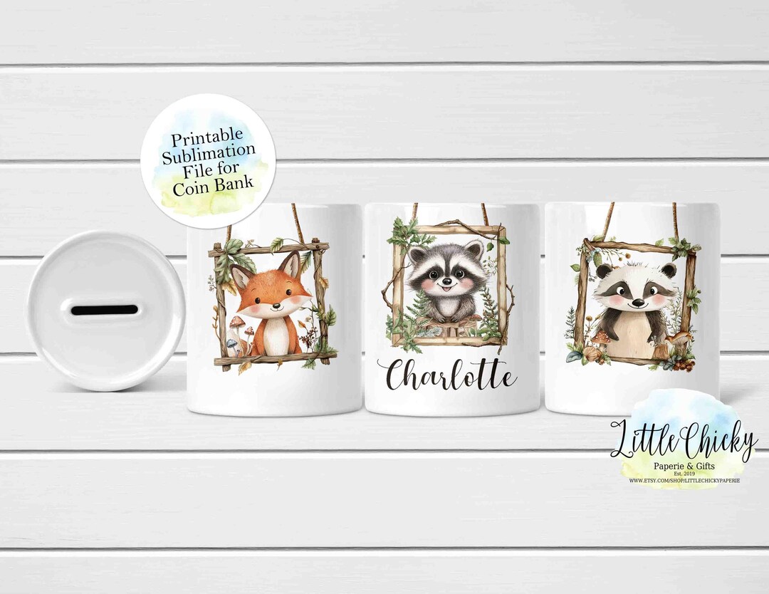 Money Box - Woodland Money Box, Coin Bank Full Wrap Sublimation Design ...