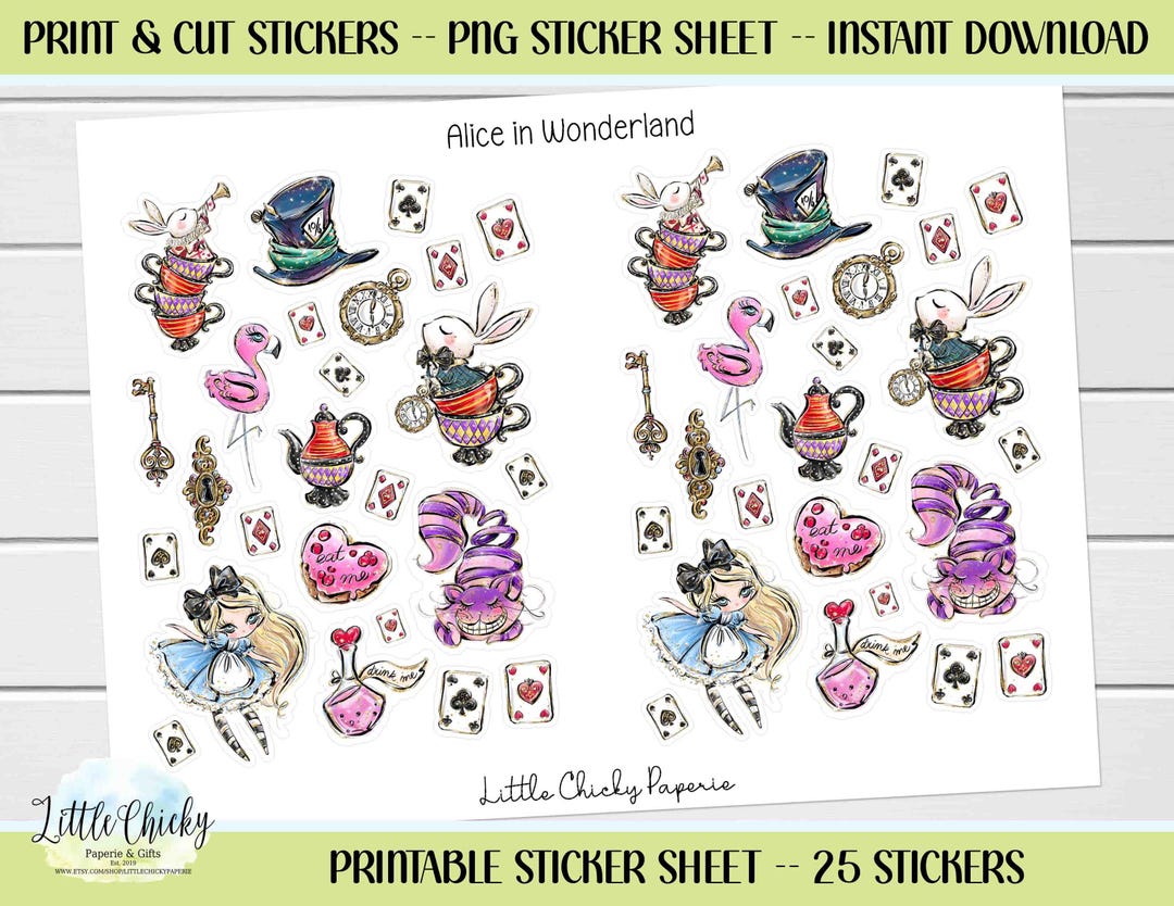 Printable Stickers - Alice in Wonderland, PNG Stickers, Print and Cut ...