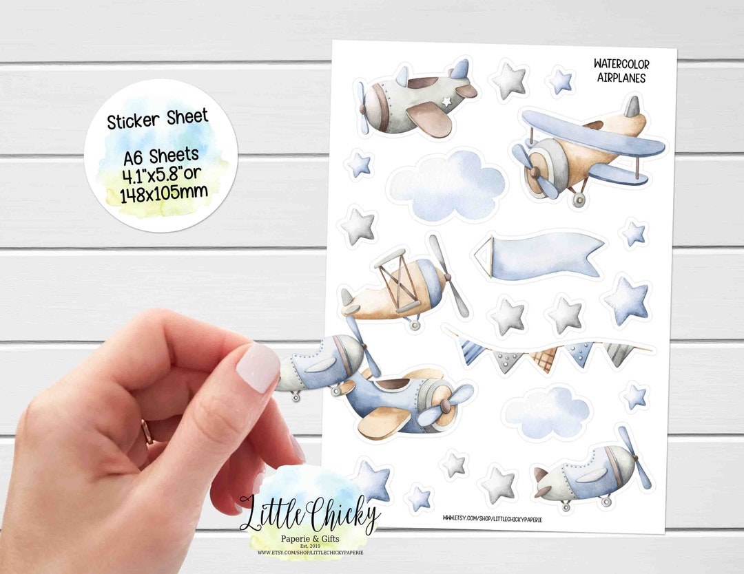 Sticker Sheet - Blue Airplanes, Watercolor Planner Stickers, Scrapbook ...
