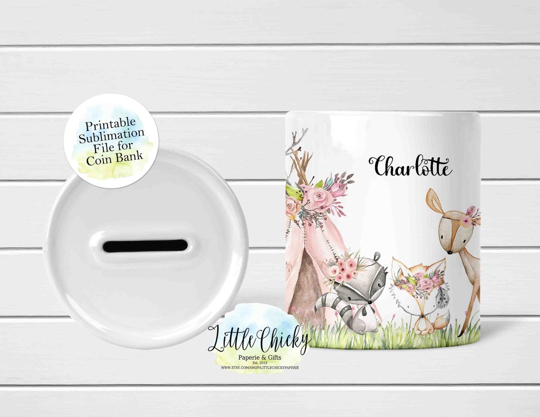 Pink Woodland Baby Money Box, Coin Bank Sublimation Design, Center ...