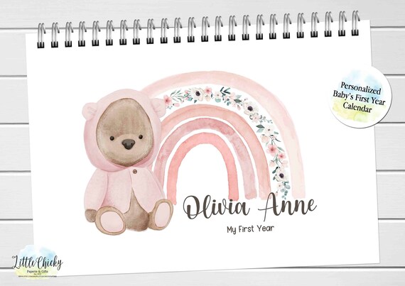 Pink Boho Rainbow Bear First Year Calendar Baby's First - Etsy