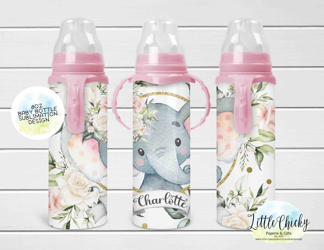 Pink Floral Elephant 8oz Baby Bottle Sublimation Design, Kids, Baby ...
